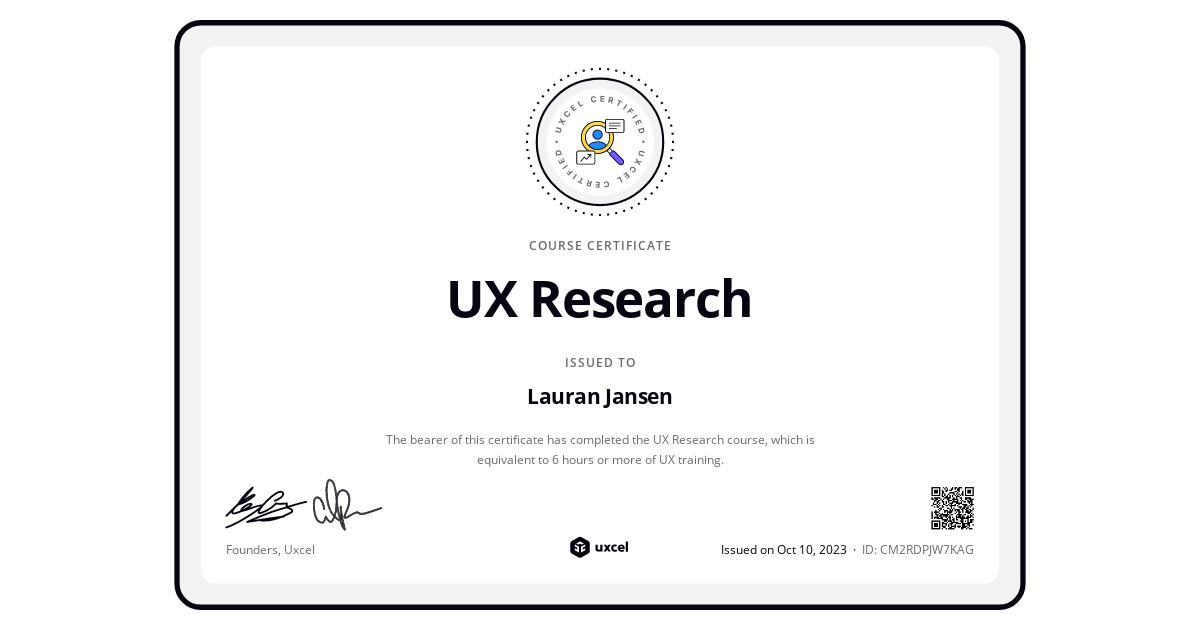 Certificate of completion for UX Research | Uxcel